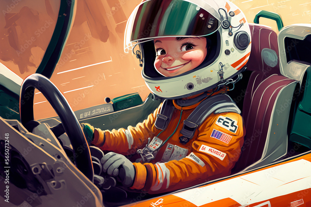 Illustration for children's book depicting an cute baby F1 driver - AI ...