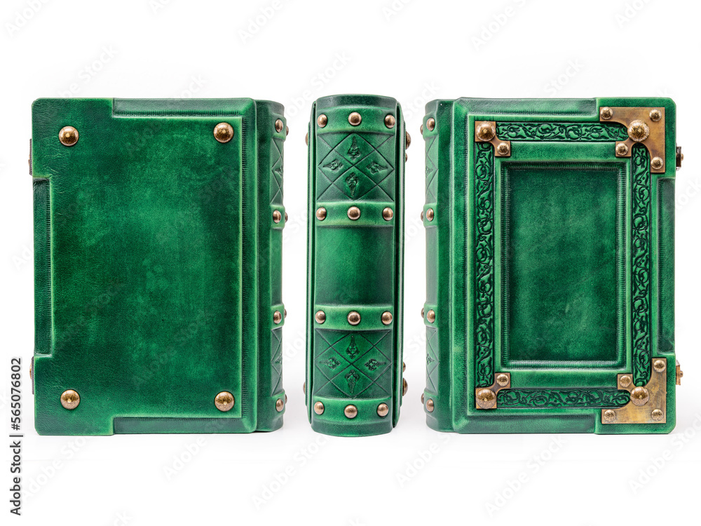 Green aged leather book cover, rich decorated with metal corners ...