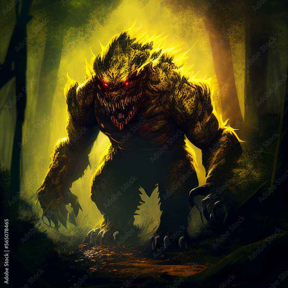 The creature appears to be a large, quadrupedal being with thick, scaly ...