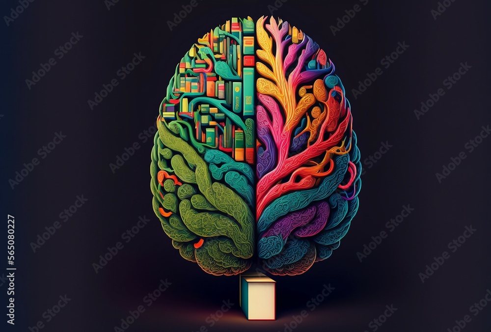 This whimsical image shows a brain with a library inside, its neurons ...