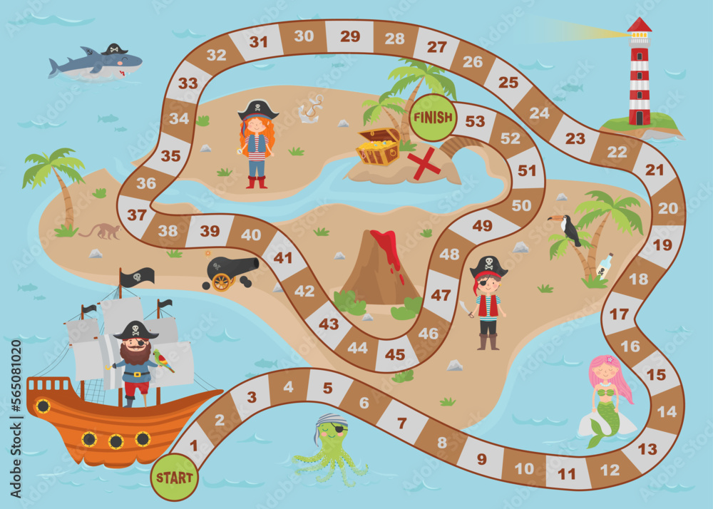 Cartoon pirate treasure map for children. Board game. The map has a ...