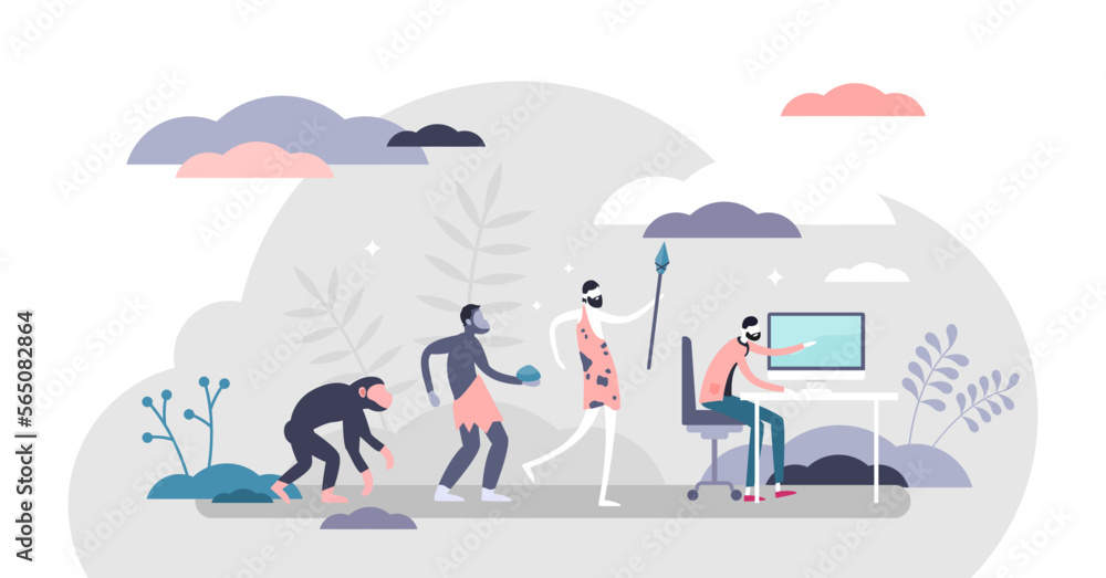 Evolution steps from the cave men to modern human with computer,flat ...