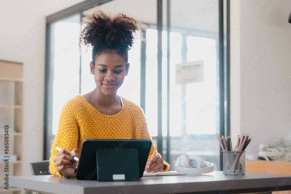 Pretty young african american student woman study online class in ...