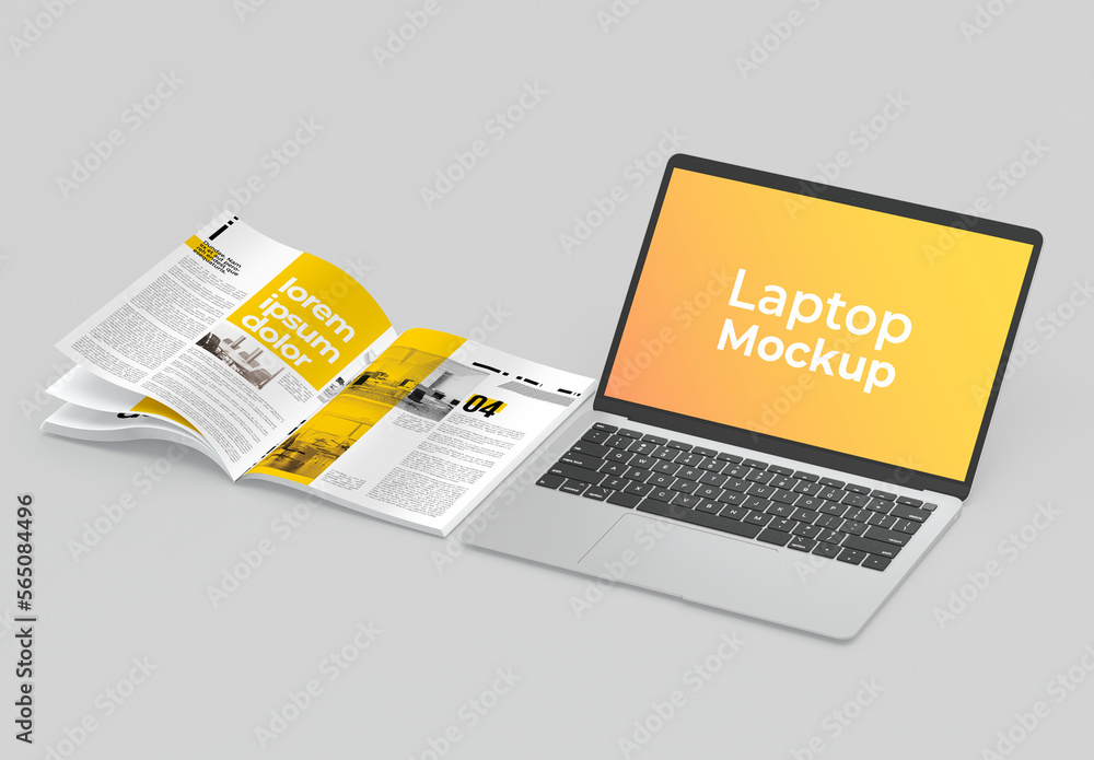 Side View Magazine and Laptop Mockup Stock Template | Adobe Stock