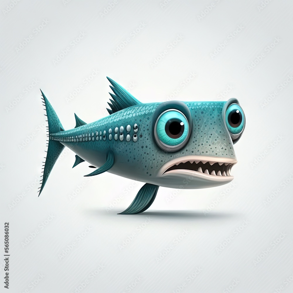 a blue fish with big eyes and a sharp toothy smile on its face, with a ...
