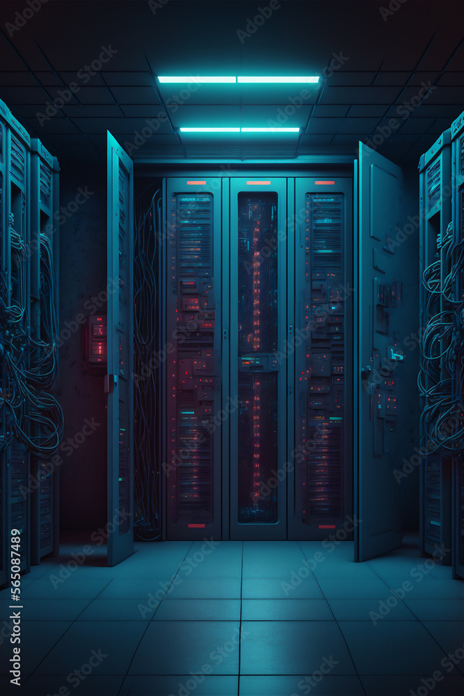 Center of rack equipment with cable in room with big data cyber ...