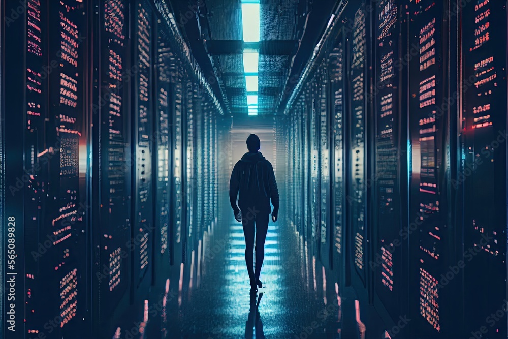 Silhouette of a person in a server room. Cloud service technology ...