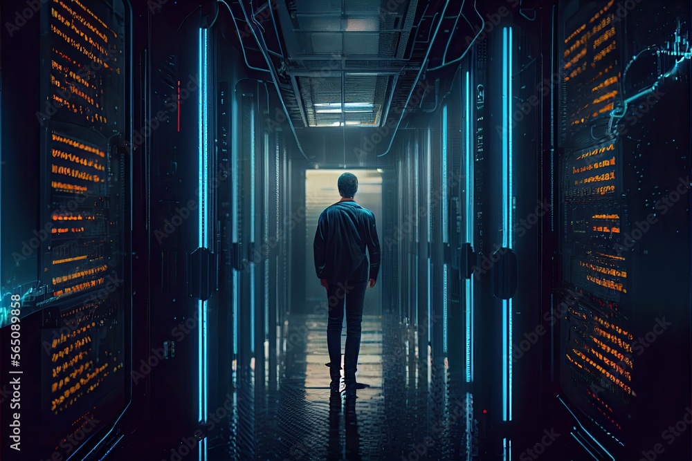 Silhouette of a person in a server room. Cloud service technology ...