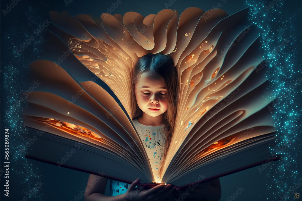 Girl reading, imagining, gaining knowledge Stock Illustration | Adobe Stock