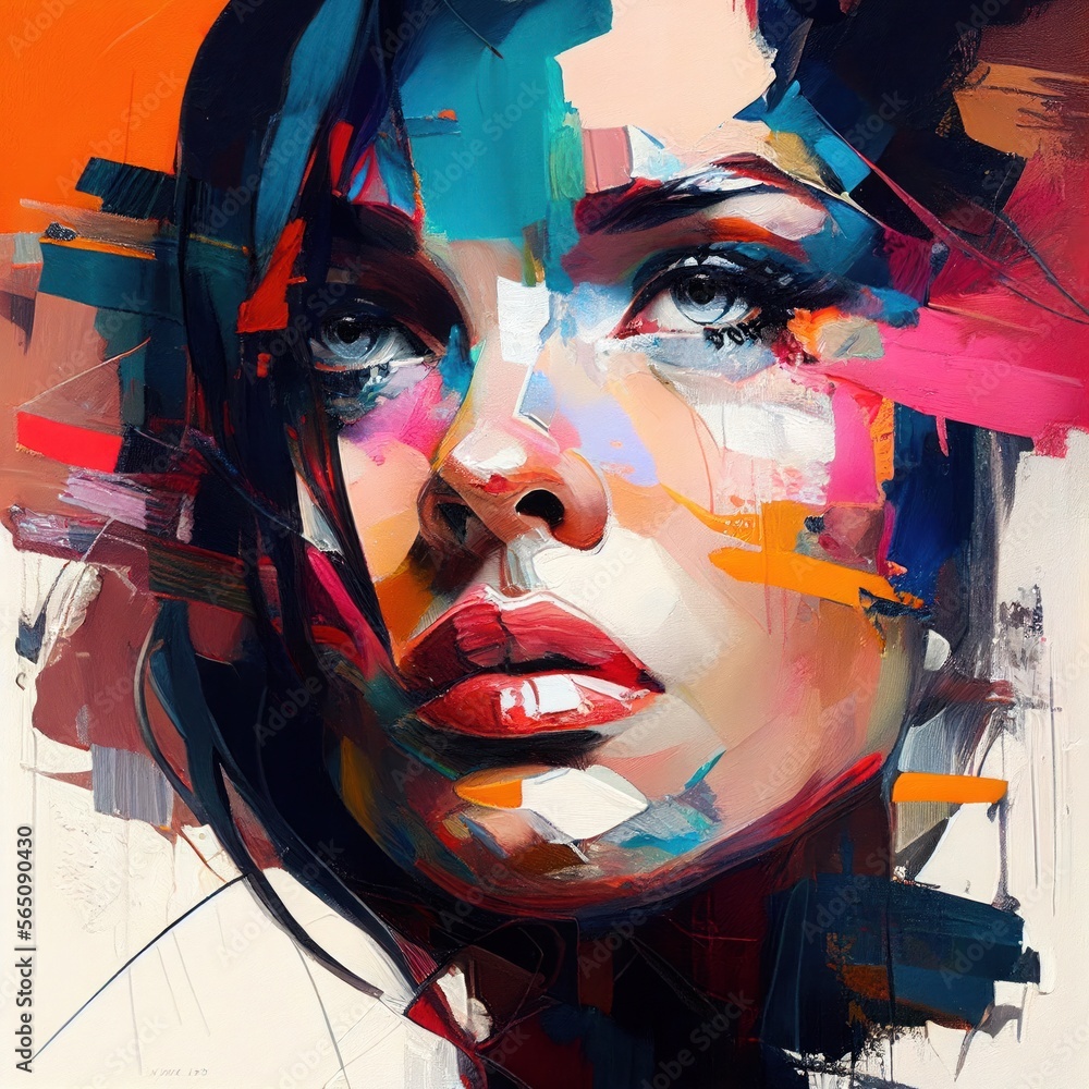 Modern abstract oil painting portrait of beautiful brunette woman with ...