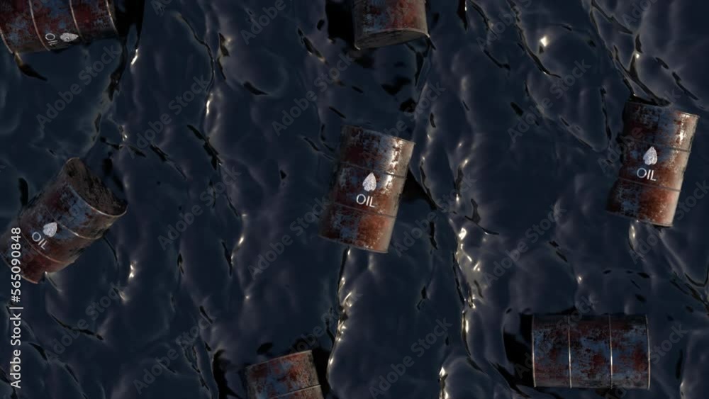 Top view of iron barrels floating in the oil sea. Toxic materials ...