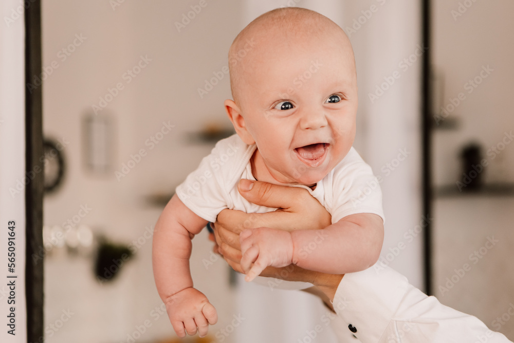 Little boy happy funny smiling laughing cute child baby, father hold ...