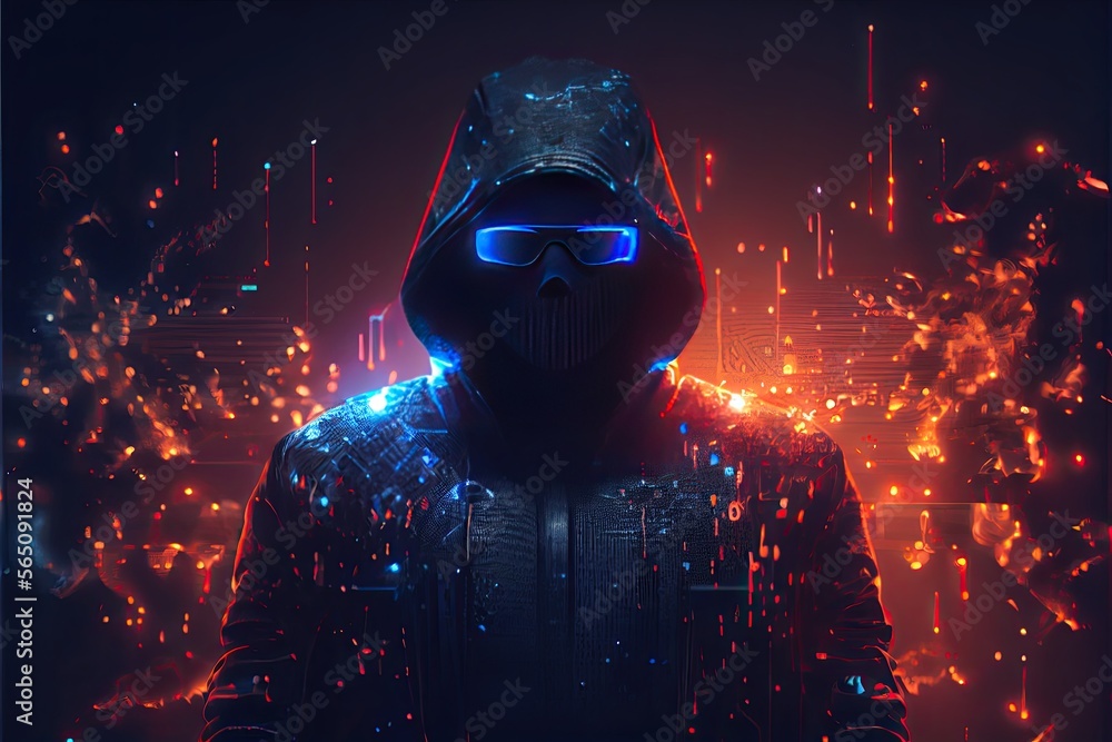 Hacker in the hood silhouette in the dark, black hat, red and blue neon ...