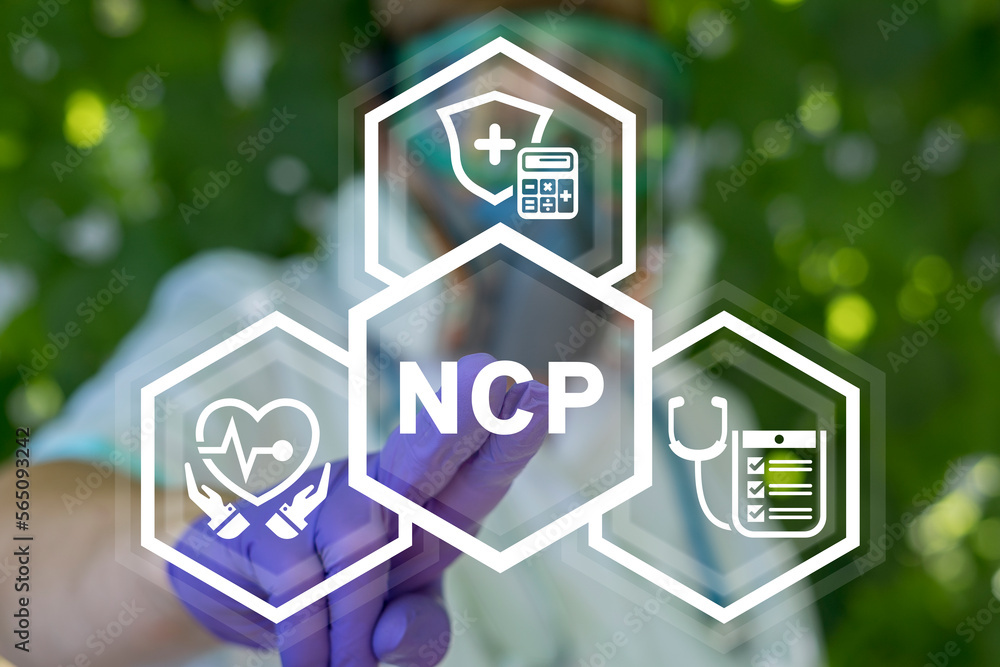 Nurse or doctor using virtual touchscreen presses abbreviation: NCP ...