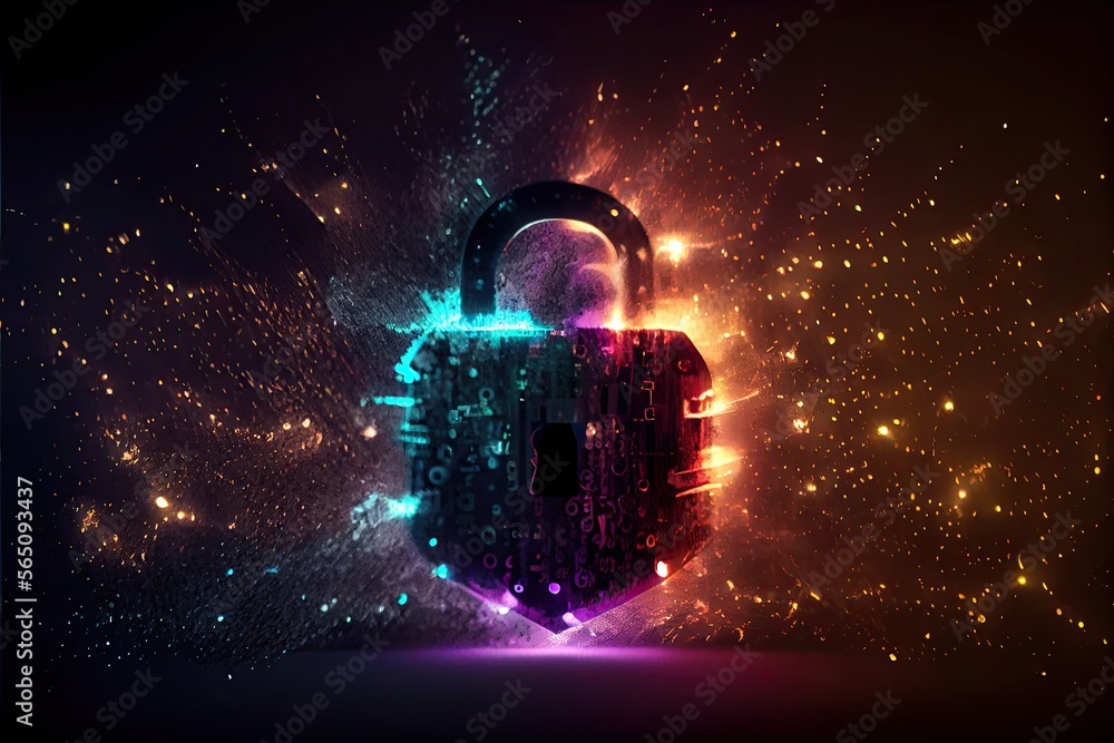 Cyber security and data privacy concept. Lock symbol from binary digits code, points connecting ...