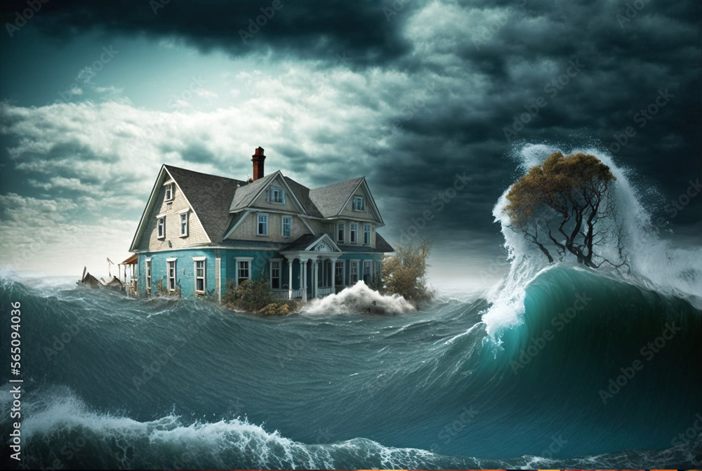 flooding from high tide, flooded land and house under water ...