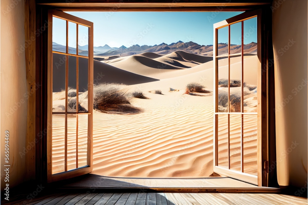 Open windows with a desert sand dunes view, wooden floor room ...