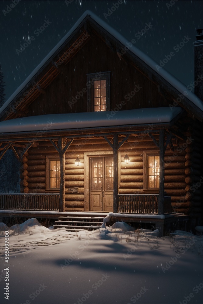 Snow falling outside of a log cabin during a stunning cold winter ...