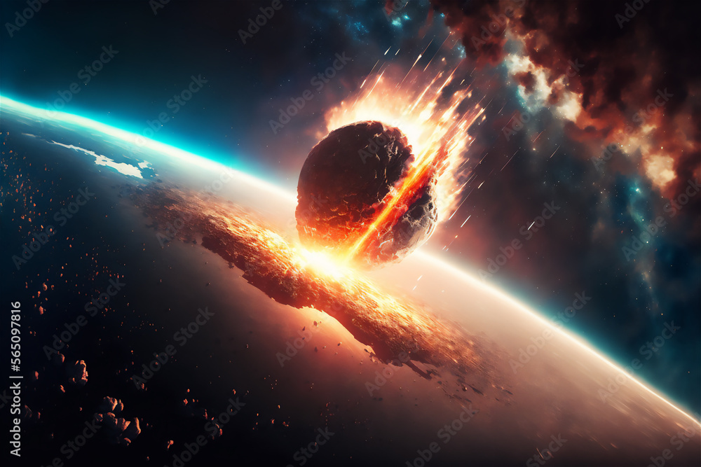 Asteroid impact, end of world, judgment day. Group of burning exploding ...