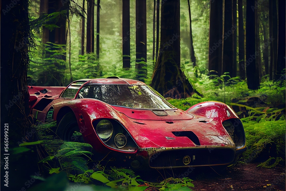 Car in the forest. AI generated art illustration. Stock Illustration ...