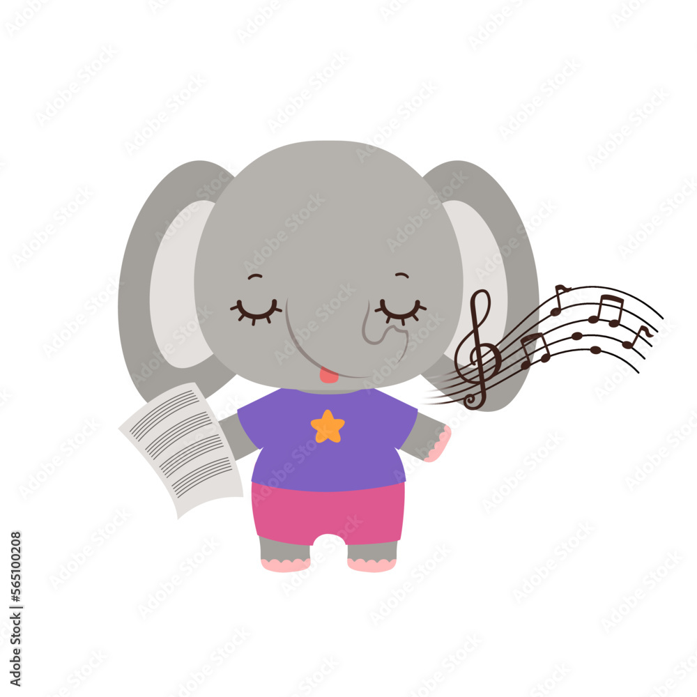 Singing animal cute elephant cartoon character. Musical class logo or ...