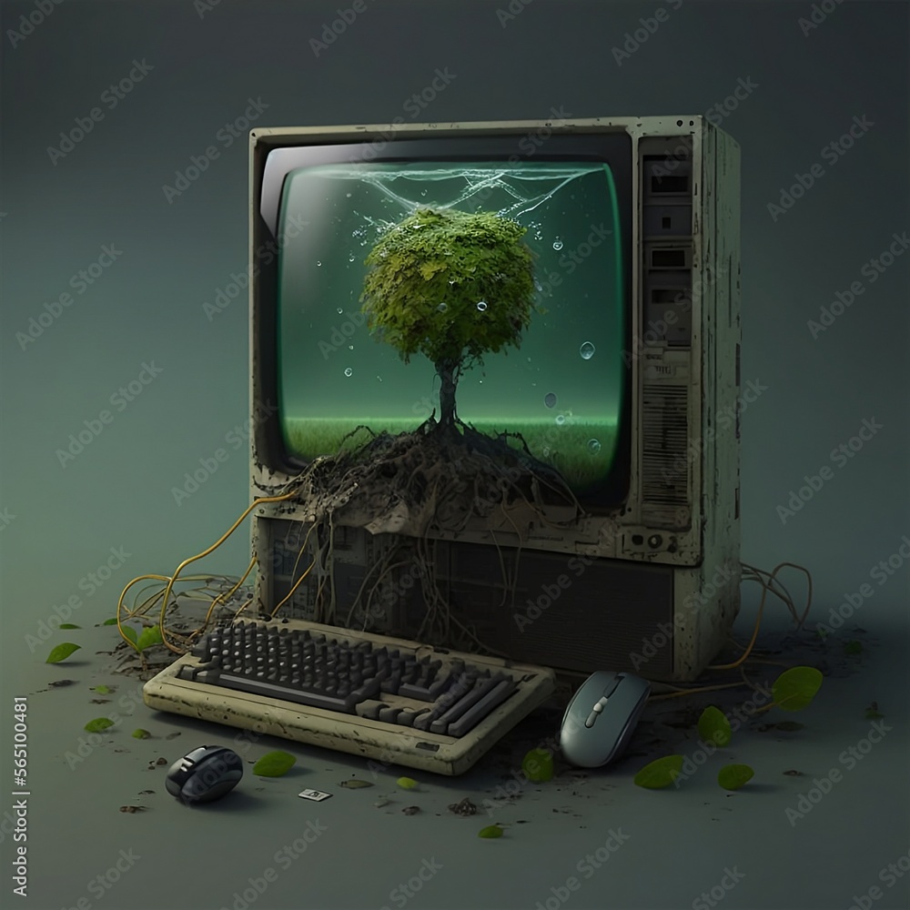 Old-fashioned realistic computer abandoned sprouted tree on screen 3D ...