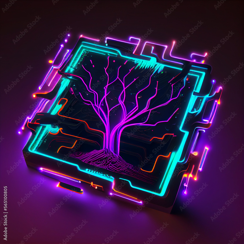 Artificial Intelligence microchip and neural connections Generated Artworks abstract neon ...