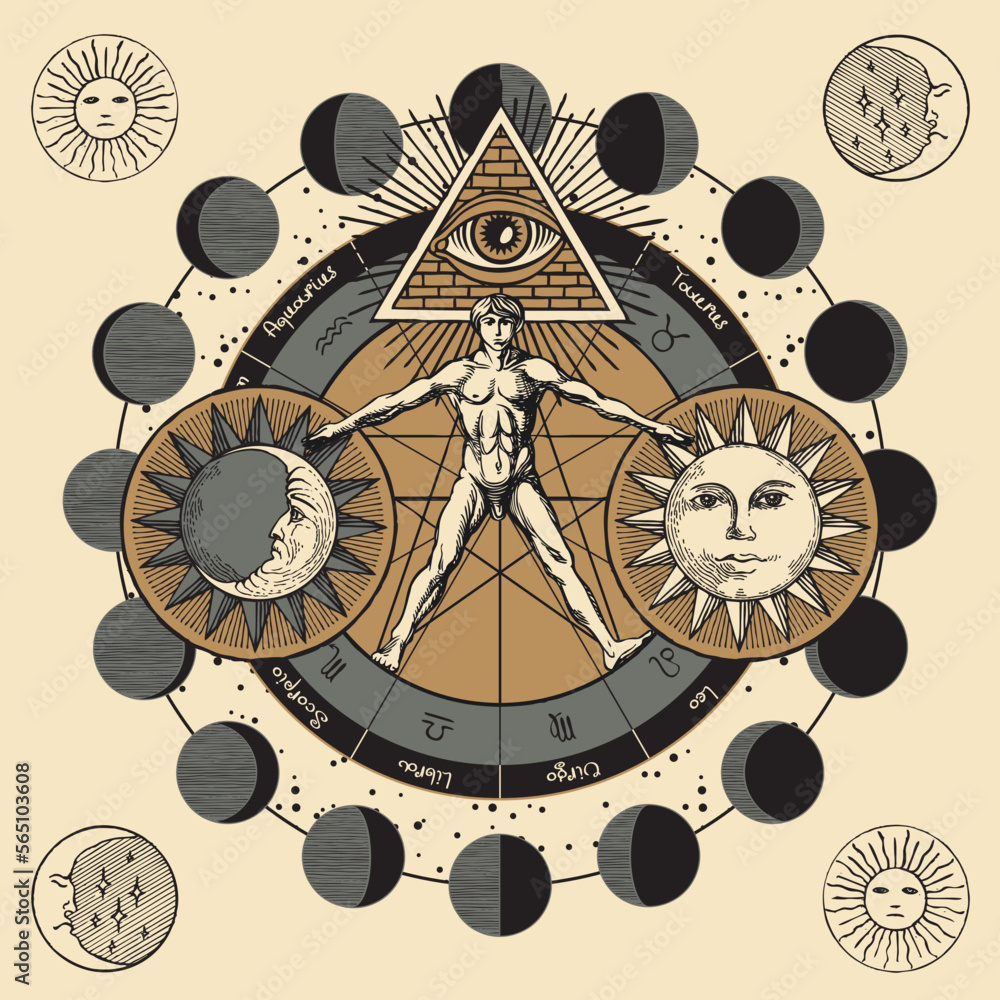 Vettoriale Stock Vector circle of Zodiac signs with hand-drawn human ...