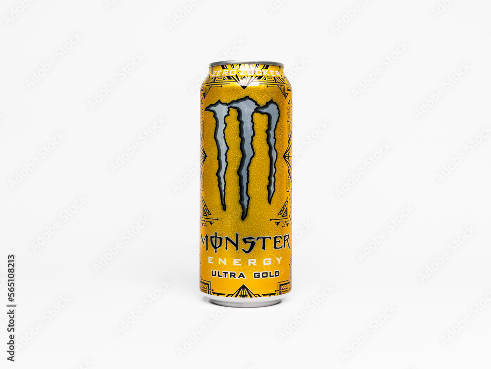 DRESDEN, GERMANY - 26. January 2023: Monster Energy Ultra Gold beverage ...