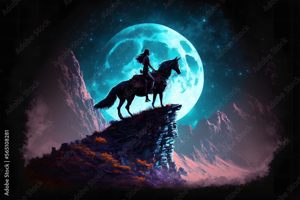 A woman riding a wolf, at the top of a cliff in the night with full ...