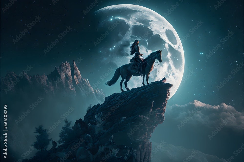 A woman riding a wolf, at the top of a cliff in the night with full ...