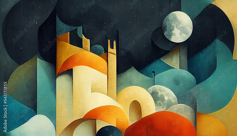 Old authentic city. City under the moon. Painting in the style of ...