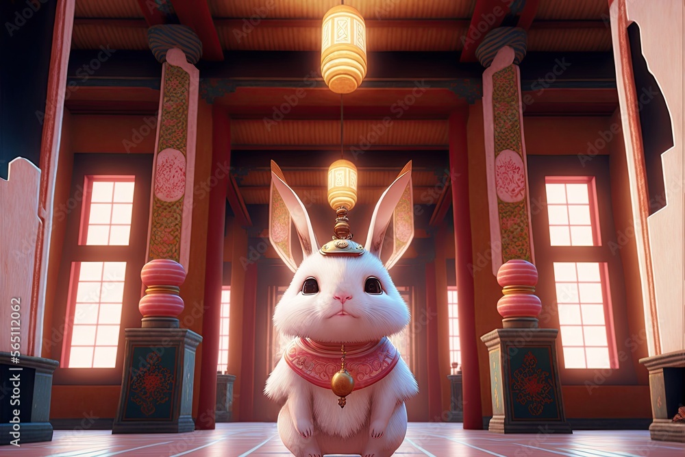 Cute white rabbit wearing Chinese Hanfu in a Buddhist temple ...