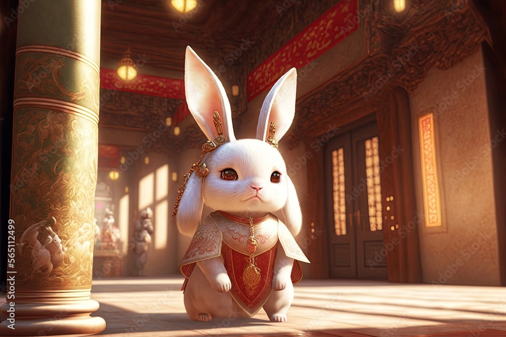 A charming white rabbit clad in Hanfu, the traditional Chinese clothing ...