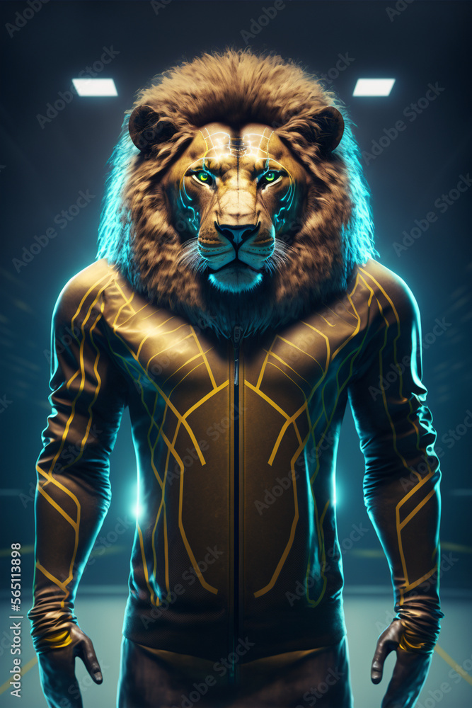 Portrait of a lion in a tracksuit, illustration of an anthropomorphic ...