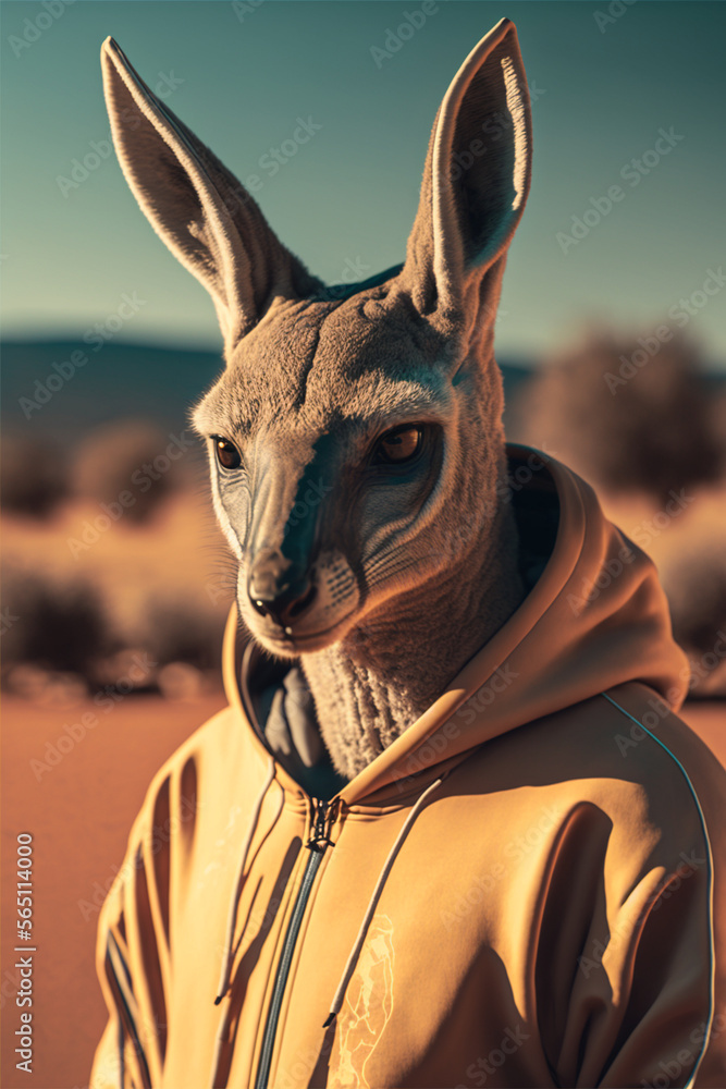 Kangaroo portrait in orange tracksuit, anthropomorphic animal ...