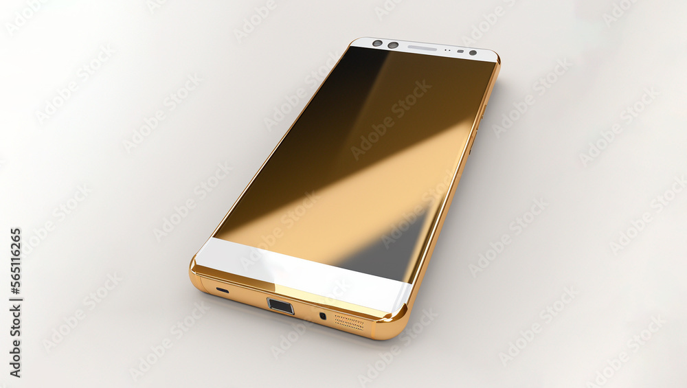 mockup, golden smartphone lying on white background, no objects around, photography, studio ...