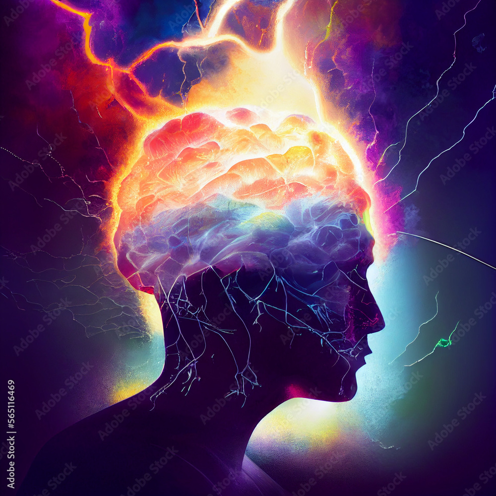 Brainstorming. Human brain and lightning . Person amidst storm and ...