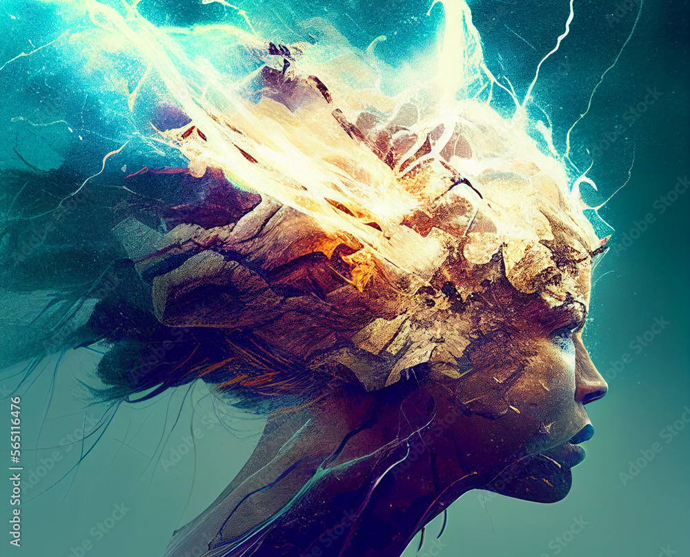 Brainstorming. Human brain and lightning . Person amidst storm and ...