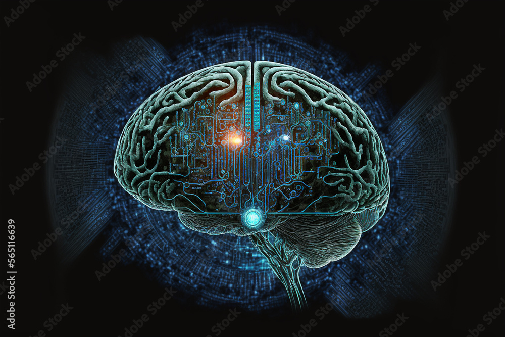 Very realistic image of a human brain glowing with symbols of ...