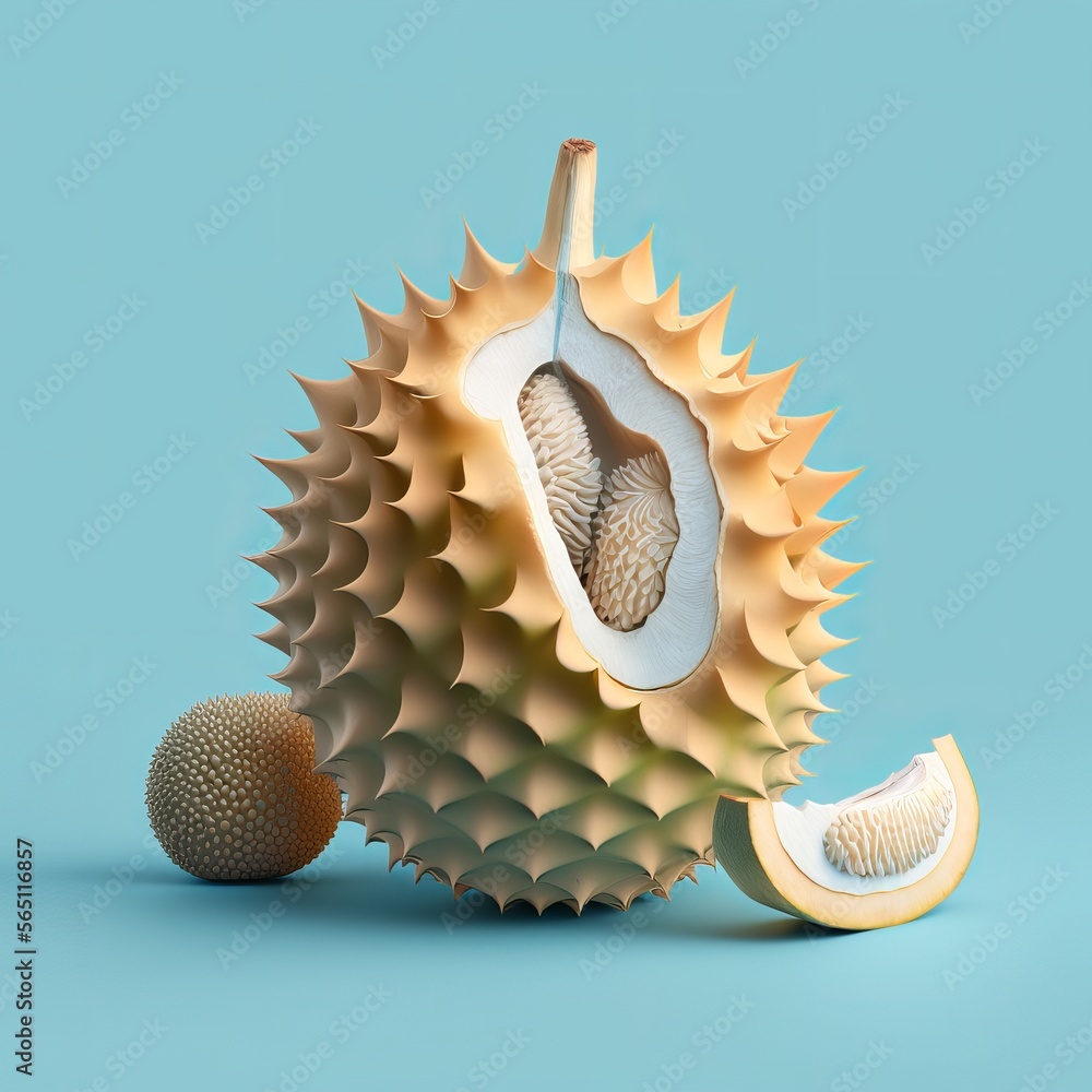 Cut durian revealing its pulp isolated on light background. Most famous ...