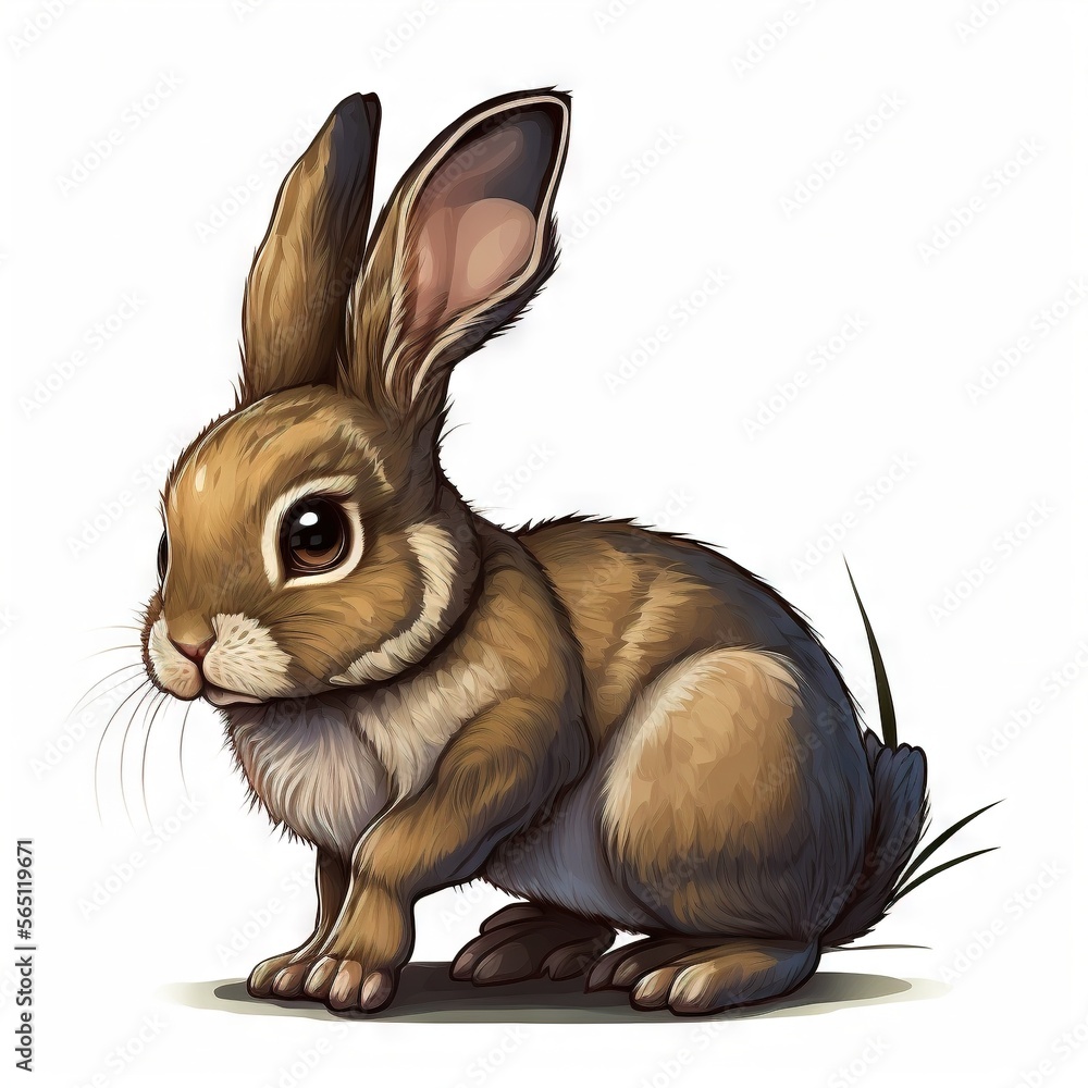 a brown rabbit sitting down on a white background with a big nose and ...