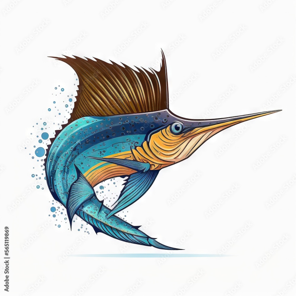 a blue marlin fish with a yellow tail and a brown tail, flying through ...