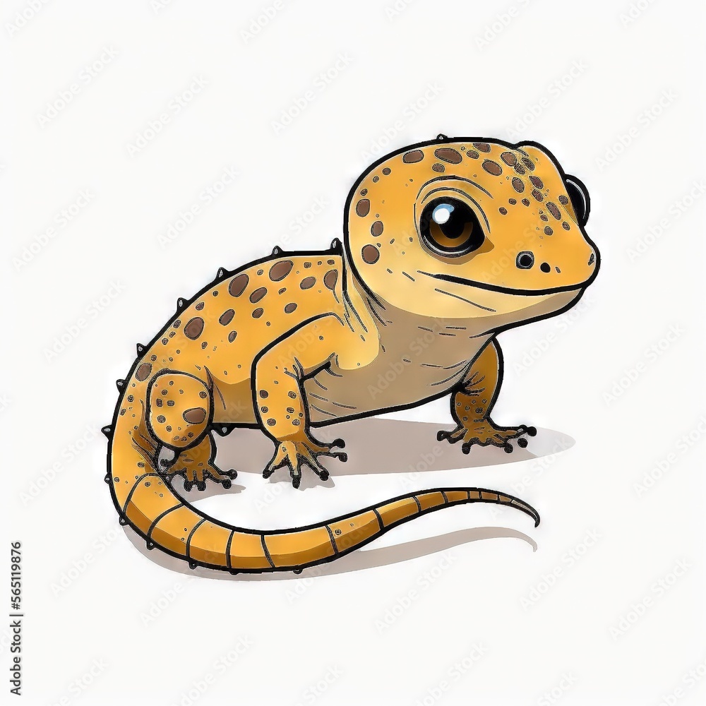 a yellow and black lizard with spots on it's body and legs, sitting on ...