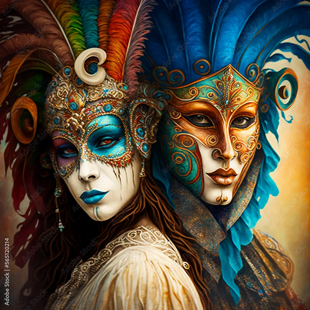 Colorful carnival costumes featuring a man and woman created by an AI ...