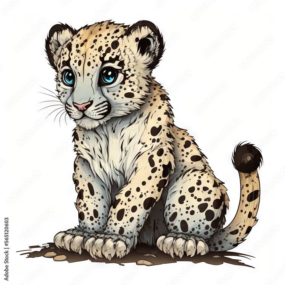 a drawing of a baby leopard sitting down with blue eyes and a black ...