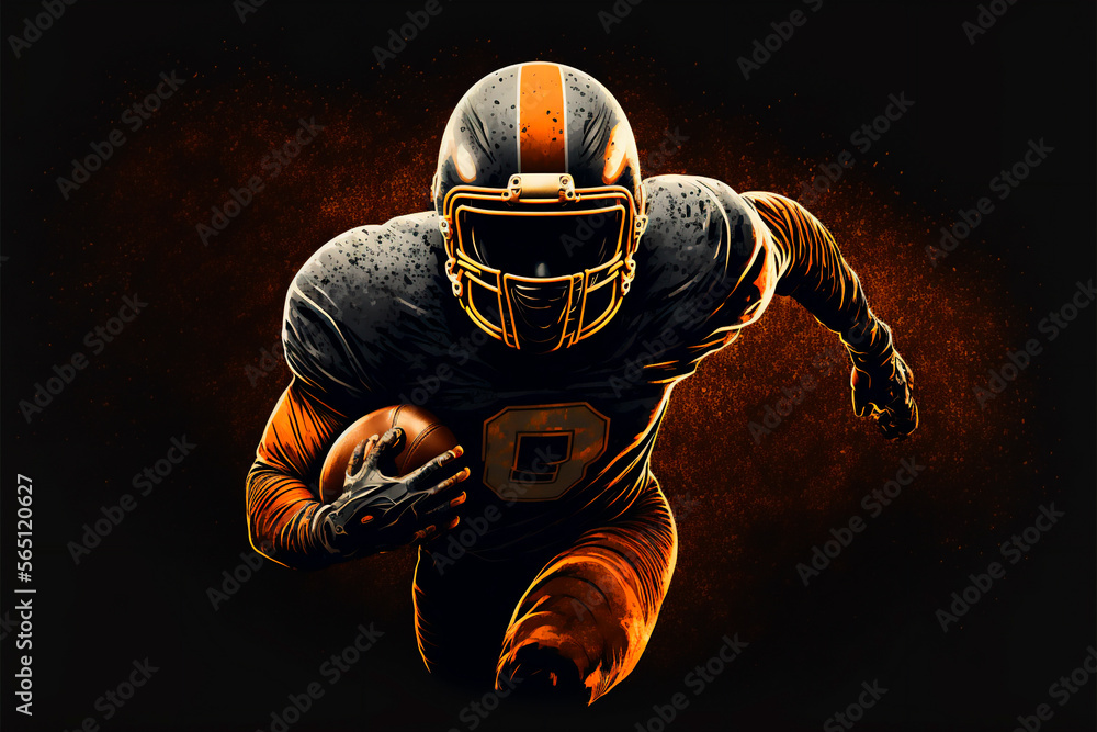 American football player running to the camera, front view. Ai ...