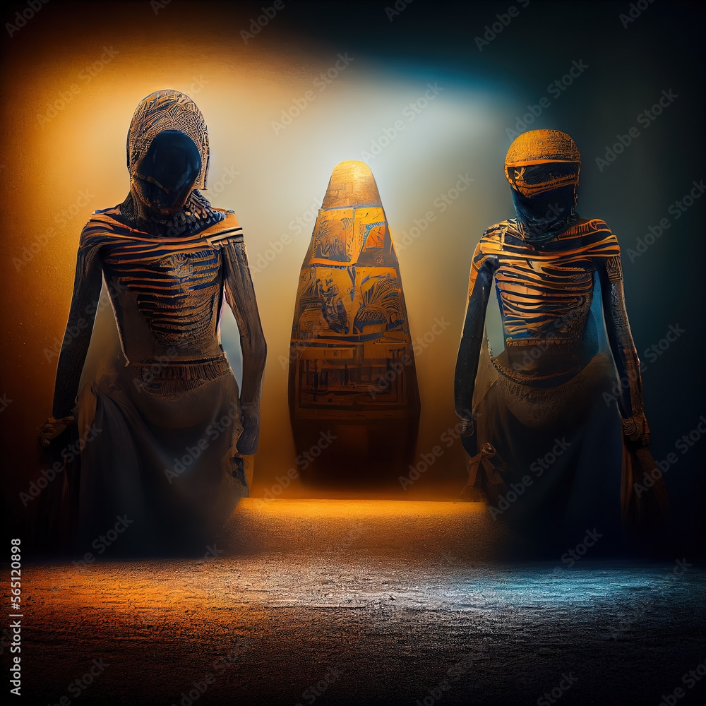 Egyptian mummies walk in the dark. Revived ancient mummies illustration. Egyptian gods. AI ...