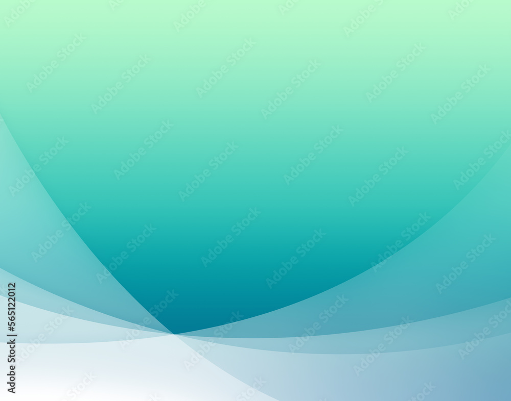 Curved and transparent white layers or lines on mint green to cyan blue ...