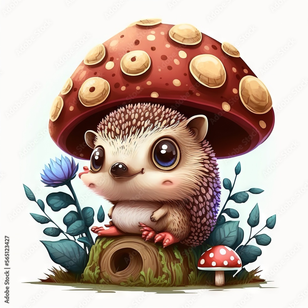 a hedgehog sitting on a mushroom with a mushroom cap on it's head and a ...